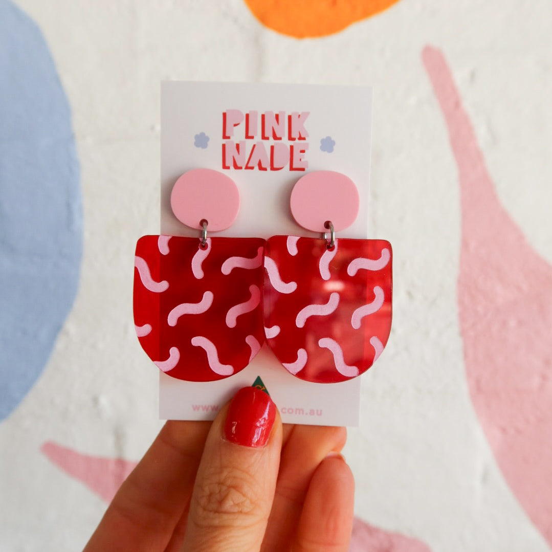 Pink Nade Earrings - Kate Red translucent pink Squiggle Dangle Earrings